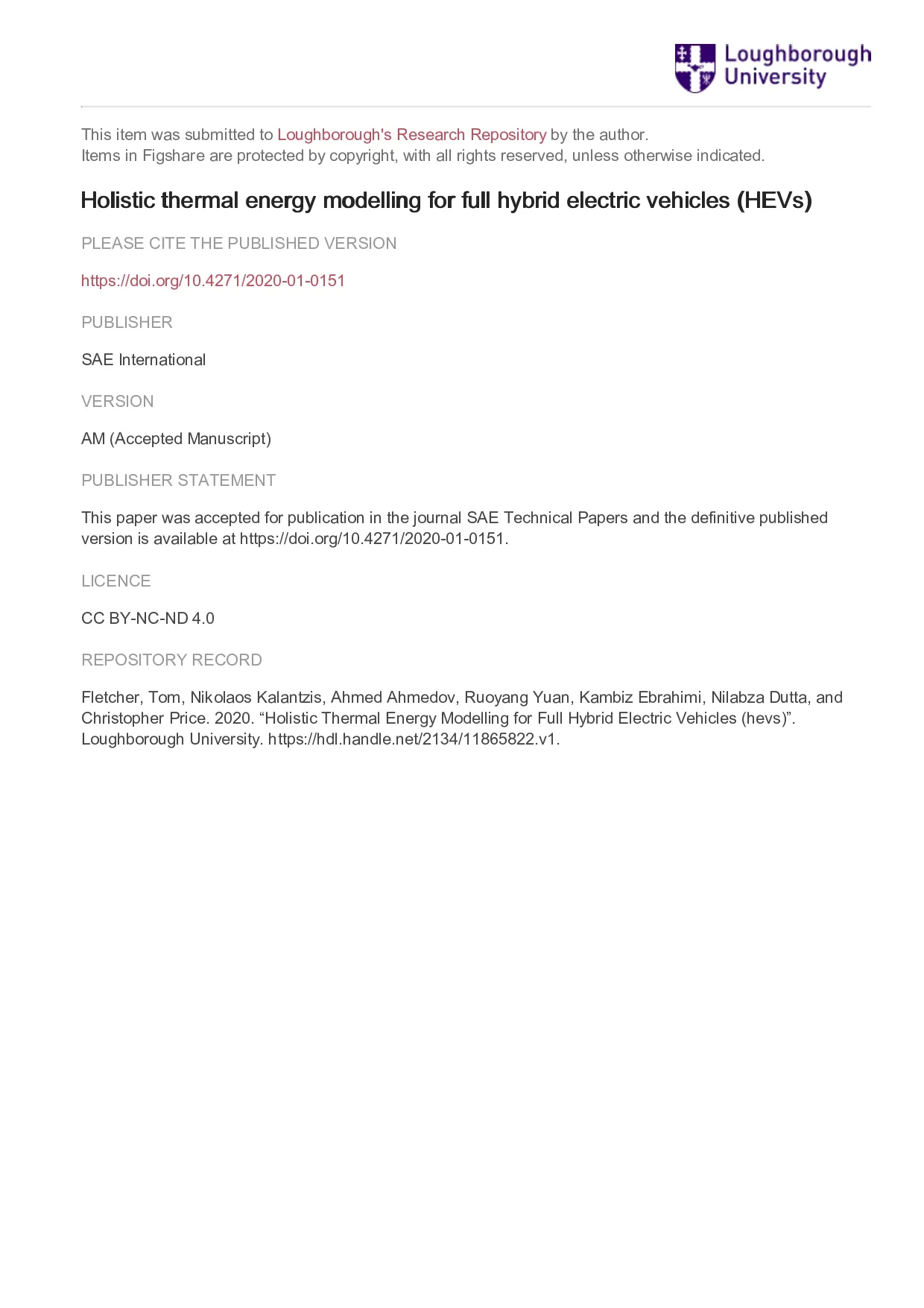 Holistic thermal energy modelling for full hybrid electric vehicles ...